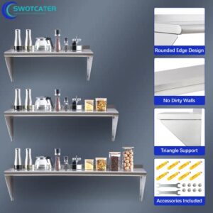 SWOTCATER 2 Pack Stainless Steel Shelf 12"x36" 260LB, Commercial Wall Mounted Floating Shelving for Home Kitchen, Restaurant