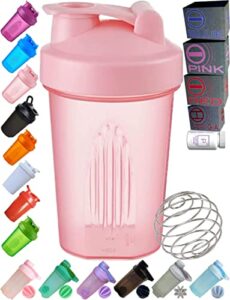 ebat shaker bottle in cute pink (lid & body) w. classic loop hook,measurement marks of 12 oz/400 ml & a small stainless whisk blender ball,anti-slip,bpa free,pp5 certified,leak proof,dishwasher safe