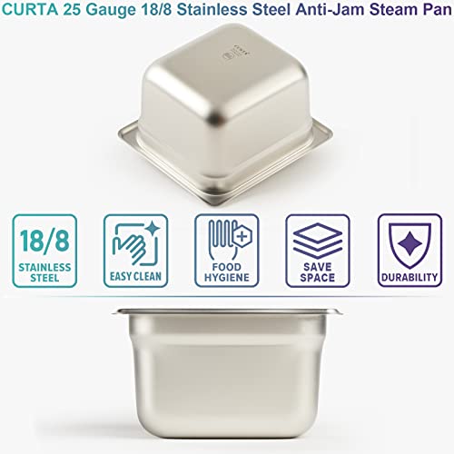 CURTA 6 Pack Anti-Jam Hotel Pans with Lids, 1/6 Size 4 Inch Deep, NSF Commercial 18/8 Stainless Steel Chafing Steam Table Food Pan with Covers