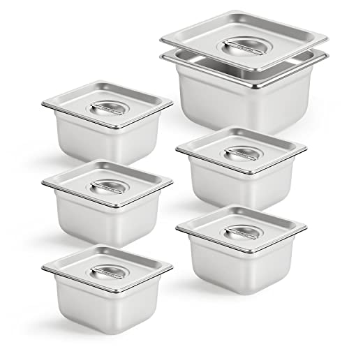 CURTA 6 Pack Anti-Jam Hotel Pans with Lids, 1/6 Size 4 Inch Deep, NSF Commercial 18/8 Stainless Steel Chafing Steam Table Food Pan with Covers