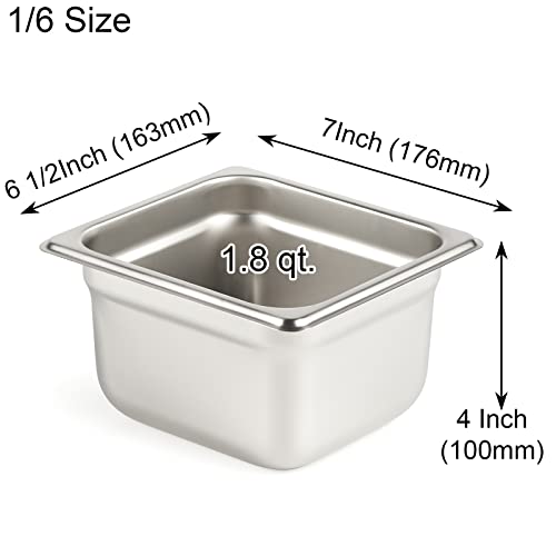 CURTA 6 Pack Anti-Jam Hotel Pans with Lids, 1/6 Size 4 Inch Deep, NSF Commercial 18/8 Stainless Steel Chafing Steam Table Food Pan with Covers