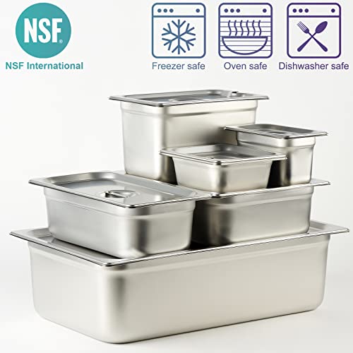 CURTA 6 Pack Anti-Jam Hotel Pans with Lids, 1/6 Size 4 Inch Deep, NSF Commercial 18/8 Stainless Steel Chafing Steam Table Food Pan with Covers