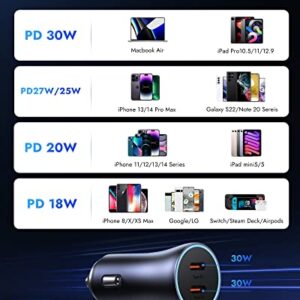 USB C Car Charger, Baseus 60W Car Phone Charger PD 30W & PD 30W Dual Port Fast Car Charger Adapter Compatible with iPhone 14 13 12 11 Pro Max, Samsung Galaxy S22/21/20 Note20/10, Pixel, Steam Deck