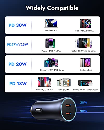 USB C Car Charger, Baseus 60W Car Phone Charger PD 30W & PD 30W Dual Port Fast Car Charger Adapter Compatible with iPhone 14 13 12 11 Pro Max, Samsung Galaxy S22/21/20 Note20/10, Pixel, Steam Deck