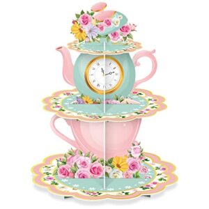 3 tier floral tea party cupcake stand decorations spring vintage teapot party cupcake holder talking party dessert tower for flower theme tea party baby shower princess birthday wedding supplies decor