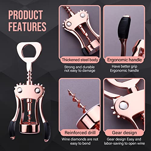 Drincarier Wine Opener, Zinc Alloy Premium Wing Corkscrew Wine Bottle Opener with Multifunctional Bottles Opener, Upgrade (Rose Gold Opener With Foil Cutter)……