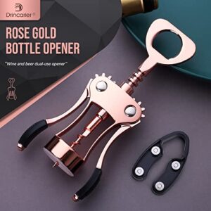 Drincarier Wine Opener, Zinc Alloy Premium Wing Corkscrew Wine Bottle Opener with Multifunctional Bottles Opener, Upgrade (Rose Gold Opener With Foil Cutter)……