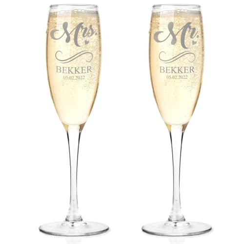 Personalized Champagne Glasses Set of 2 - Engraved Wedding Champagne Flutes - Custom Bride and Groom Gift for marriage, bridal party, engagement