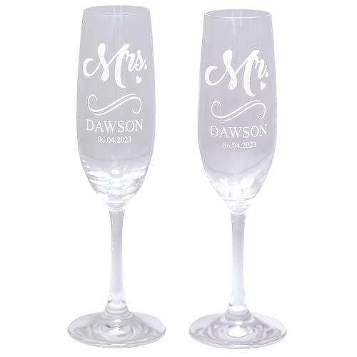 Personalized Champagne Glasses Set of 2 - Engraved Wedding Champagne Flutes - Custom Bride and Groom Gift for marriage, bridal party, engagement