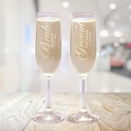 Personalized Champagne Glasses Set of 2 - Engraved Wedding Champagne Flutes - Custom Bride and Groom Gift for marriage, bridal party, engagement