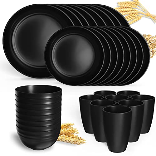 Hanmfei Wheat Straw Plastic Dinnerware Set for 8,Plastic Plates and Bowls Sets,Unbreakable Dinnerware For Kitchen, Camping, Rv Black