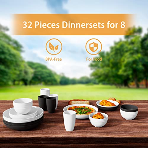 Hanmfei Wheat Straw Plastic Dinnerware Set for 8,Plastic Plates and Bowls Sets,Unbreakable Dinnerware For Kitchen, Camping, Rv Black