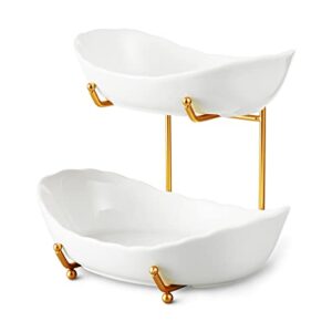 homkula fruit bowl for kitchen counter - 2 tier ceramic serving bowls with metal stand, tiered fruit basket for fruit vegetable storage, snack, nuts, cake, dessert (gold)