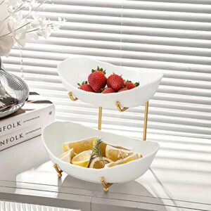 HOMKULA Fruit Bowl for Kitchen Counter - 2 Tier Ceramic Serving Bowls with Metal Stand, Tiered Fruit Basket for Fruit Vegetable Storage, Snack, Nuts, Cake, Dessert (Gold)