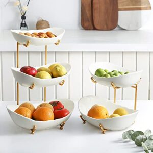 HOMKULA Fruit Bowl for Kitchen Counter - 2 Tier Ceramic Serving Bowls with Metal Stand, Tiered Fruit Basket for Fruit Vegetable Storage, Snack, Nuts, Cake, Dessert (Gold)