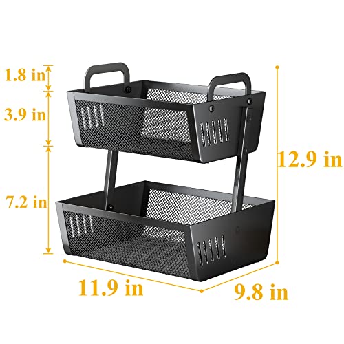 Fruit Basket Bowls For Kitchen Counter - Metal Fruit Stand with Handle - Kitchen Vegetables Bread Snacks Storage Organization, 2 Tier Black