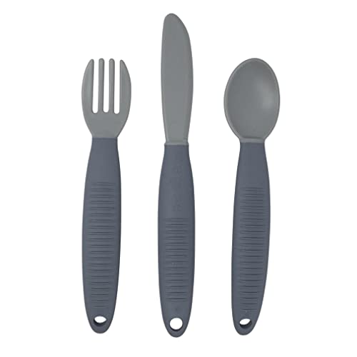 BUSY BABY Eating Utensils for Babies & Toddlers | Fork, Spoon, & Knife | Food-Grade Silicone & Tritan Plastic | Dishwasher Safe, BPA Free (Pewter)