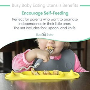 BUSY BABY Eating Utensils for Babies & Toddlers | Fork, Spoon, & Knife | Food-Grade Silicone & Tritan Plastic | Dishwasher Safe, BPA Free (Pewter)