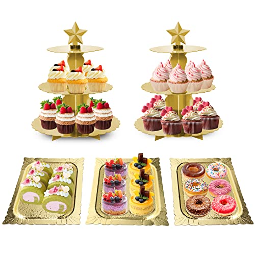 5 Pieces Dessert Table Display Set, DAFURIET Cardboard Cupcake Stand Holder/3 Tier Cup Cake Tower with Serving Tray for Birthday, Tea Party and More