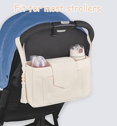 Mkono Stroller Organizer Accessories Baby Stroller Caddy Baby Diaper Cup Essentials Storage Adjustable Straps to Fit Most Stroller Rods and Handles, Ivory