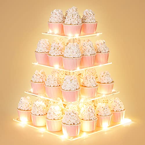 4 Tier Cupcake Stand with LED String Light, Acrylic Display Stand, Square Tower Holder, Cup Cake for Birthday, Wedding, Baby Shower, Party