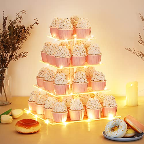 4 Tier Cupcake Stand with LED String Light, Acrylic Display Stand, Square Tower Holder, Cup Cake for Birthday, Wedding, Baby Shower, Party