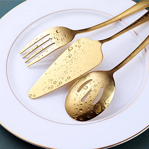 Gold Serving Utensils, OGORI 10-Piece Polished Stainless Steel Gold Serving Utensils Set Include Serving Spoons, Slotted Serving Spoon, Serving Tongs, Serving Fork, Salad Fork, Soup Ladle, Pie Server