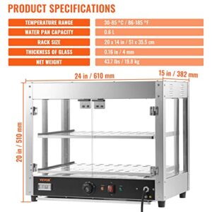 VEVOR Commercial Food Warmer Display, 2 Tiers, 800W Pizza Warmer w/ 3D Heating 3-Color Lighting Bottom Fan, Countertop Pastry Warmer w/Temp Knob & Display 0.6L Water Tray, Stainless Frame Glass Doors