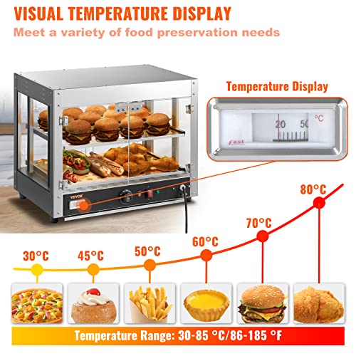 VEVOR Commercial Food Warmer Display, 2 Tiers, 800W Pizza Warmer w/ 3D Heating 3-Color Lighting Bottom Fan, Countertop Pastry Warmer w/Temp Knob & Display 0.6L Water Tray, Stainless Frame Glass Doors