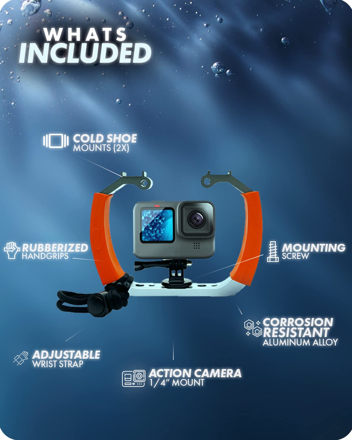 Movo GB-U70T Underwater Diving Rig for GoPro Hero with Cold Shoe Mounts, Wrist Strap - Works with HERO6, HERO7, HERO8, HERO9, HERO10, HERO11, and Osmo Action Cam - Scuba GoPro Accessory (Tangerine)