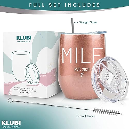 KLUBI New Mom Gifts 2023 MILF - 12oz Wine/Coffee Tumbler/Mug - Funny Gift Idea for First Time Mom, Women, Basket, Mommy, Pregnancy, Push, Baby Shower Gifts, Glass, Mom to Be, Mothers Day