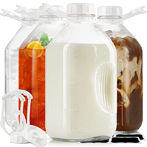 4 Pack 64 Oz Heavy Duty Glass Milk Bottle with Reusable Airtight SCREW LID, 2 Qt Glass Water Bottle with 2 Exact Scale Lines - Glass Milk Jug Pitcher - 1/2 Gal Juice Bottles(Extra 2 Lid AND 6 Handle)