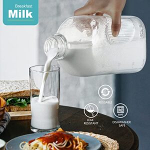 64 Oz Heavy Duty Glass Milk Bottle with Reusable Airtight Strong SCREW LID - 1/2 Gal Glass Water Bottles with 2 Exact Scale Lines - 2 Qt Glass Milk Jug Pitcher - Extra Free Silicone Ring & Handle!