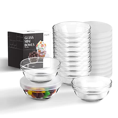 SQARR Small Glass Bowls with Lids - Perfect Prep Bowls for Kitchen Lovers - Mini Bowls for Candy, Dessert, Nuts, Party, Dips, Condiments, Sauces, Ingredients (Set of 12)