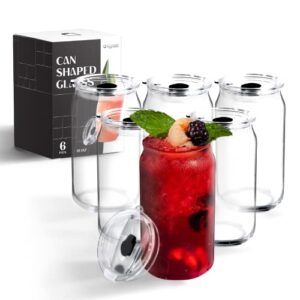 drink glasses can shaped cocktail glasses, beer mug glass tumblers with lids - 6 glassware sets iced coffee soda can glasses cool mug set - 16 oz capacity iced tea glasses