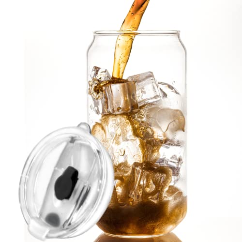 Drink Glasses Can Shaped Cocktail Glasses, Beer Mug Glass Tumblers with Lids - 6 Glassware Sets Iced Coffee Soda Can Glasses Cool Mug Set - 16 Oz Capacity Iced Tea Glasses