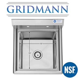 GRIDMANN 18" Wide Stainless Steel Kitchen Prep & Utility Sink, 1 Compartment NSF Commercial Sink with 15" x 15" Bowl for Restaurant, Laundry, Garage