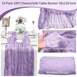 15 Pack Lavender Cheesecloth Table Runner 10Ft Gauze Cheese Cloth 35x120 Inch Boho Table Runner Romantic Table Runner Long Table Cover for Wedding Birthday Party Bridal Shower Reception Table Décor