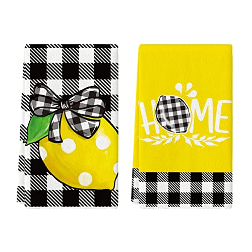 Artoid Mode Buffalo Plaid Bow Tie Lemon Home Summer Kitchen Towels Dish Towels, 18x26 Inch Seasonal Spring Decoration Hand Towels Set of 2