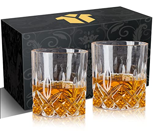 OPAYLY Whiskey Glasses Set of 2, Rocks Glasses, 10 oz Old Fashioned Tumblers for Drinking Scotch Bourbon Whisky Cocktail Cognac Vodka Gin Tequila Rum Liquor Rye Gift for Men Women at Home Bar