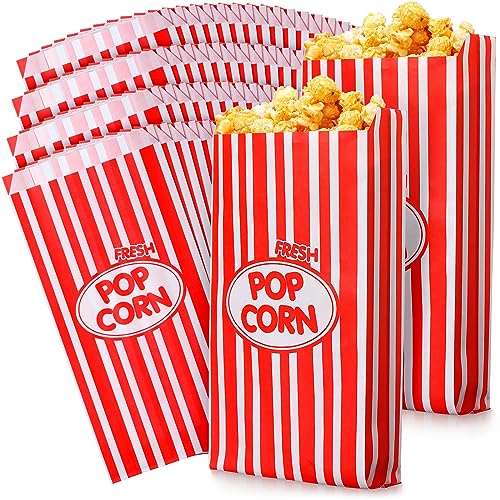 500 Pcs 2 oz Paper Popcorn Holders Red and White Striped Popcorn Bags Flat Bottom Popcorn Supplies for Carnival Baseball Party Movie Theater Concession Stands Snack Bar