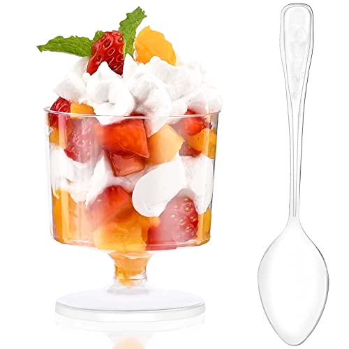 TOFLEN Mini Dessert Cups with Spoons 200 Pcs I Serves 100 I Disposable Mini Appetizer Cups 2 Oz Small Clear Plastic Wine Glasses Goblet Mousse Cups for Mini Desserts, Pudding, Trifle