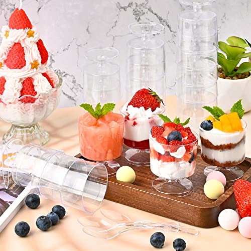 TOFLEN Mini Dessert Cups with Spoons 200 Pcs I Serves 100 I Disposable Mini Appetizer Cups 2 Oz Small Clear Plastic Wine Glasses Goblet Mousse Cups for Mini Desserts, Pudding, Trifle