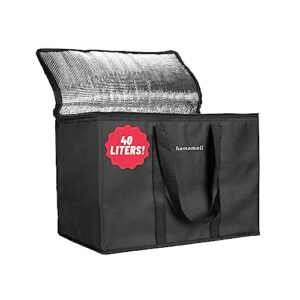 homemell insulated reusable grocery shopping bag with zippered top - hot delivery bags carrier - keep frozen food cold and hot food warm - hot pizza carrier- collapsible and foldable large travel bag - black thermal insulated cooler tote bags