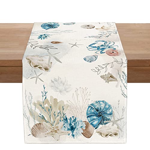 PROCIDA Summer Blue Seashell Table Runner Tropical Ocean Beach Burlap Table Runners Seasonal Holiday Party Kitchen Indoor Outdoor Dinning Decor 13x72 Inch