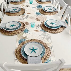 PROCIDA Summer Blue Seashell Table Runner Tropical Ocean Beach Burlap Table Runners Seasonal Holiday Party Kitchen Indoor Outdoor Dinning Decor 13x72 Inch