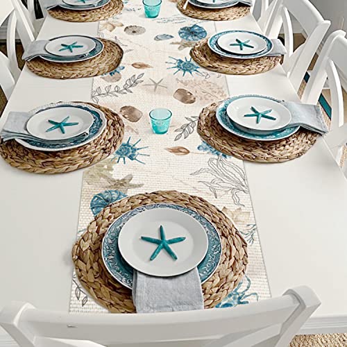 PROCIDA Summer Blue Seashell Table Runner Tropical Ocean Beach Burlap Table Runners Seasonal Holiday Party Kitchen Indoor Outdoor Dinning Decor 13x72 Inch