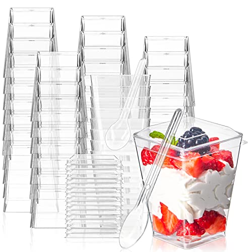 TOFLEN 50Pk 5 oz Mini Dessert Cups with Lids and Spoons, Square Clear Plastic Parfait Cups Party Serving Tumbler Cups for Parfait Appetizers & Dessert Shot Glasses