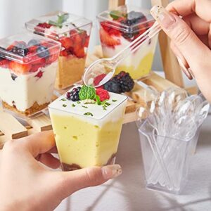 TOFLEN 50Pk 5 oz Mini Dessert Cups with Lids and Spoons, Square Clear Plastic Parfait Cups Party Serving Tumbler Cups for Parfait Appetizers & Dessert Shot Glasses