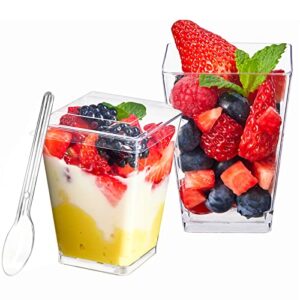 TOFLEN 50Pk 5 oz Mini Dessert Cups with Lids and Spoons, Square Clear Plastic Parfait Cups Party Serving Tumbler Cups for Parfait Appetizers & Dessert Shot Glasses